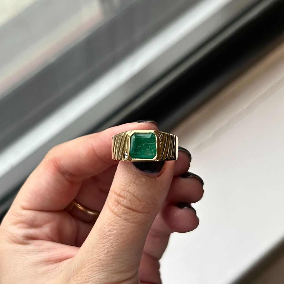 Bague homme en or jaune 18K avec émeraude et diamants – Gemwheel - La ...